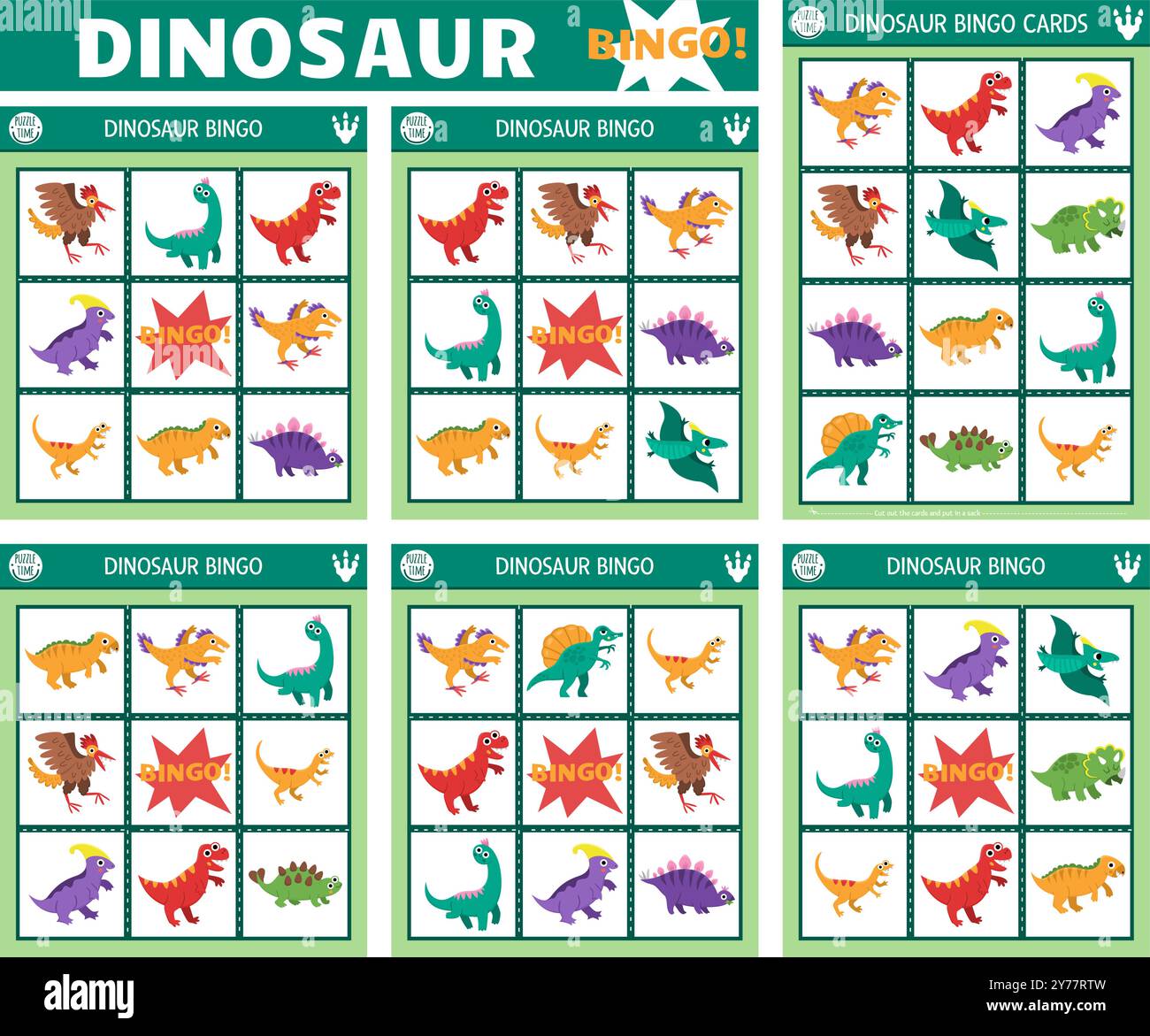 Vector dinosaur bingo cards set. Family lotto board game with ...