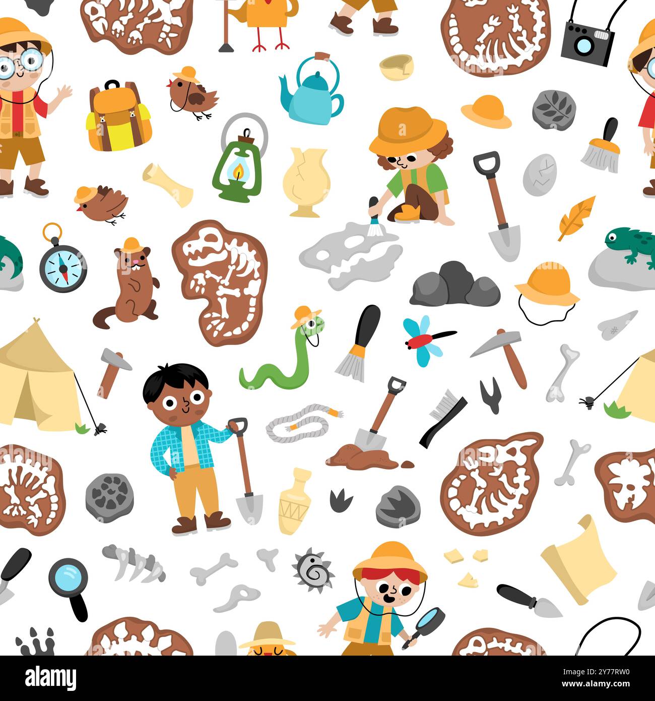 Vector paleontologist seamless pattern. Cute prehistoric animal ...
