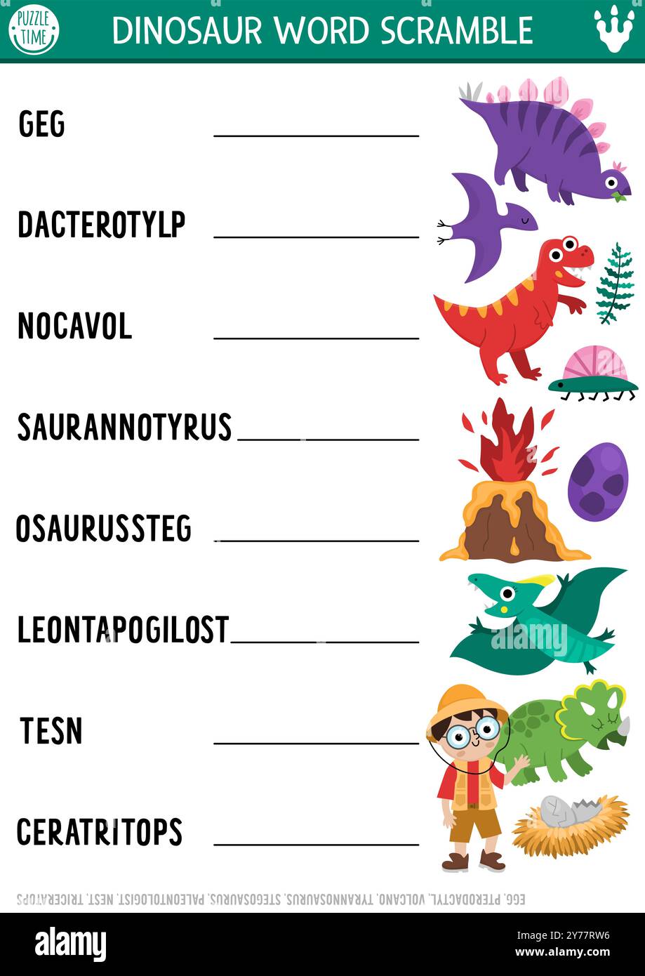 Vector dinosaur word scramble activity page. English language game with ...