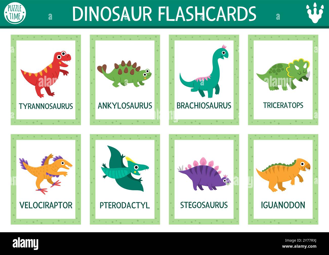 Vector dinosaur flash cards set with t-rex, triceratops, pterosaur ...