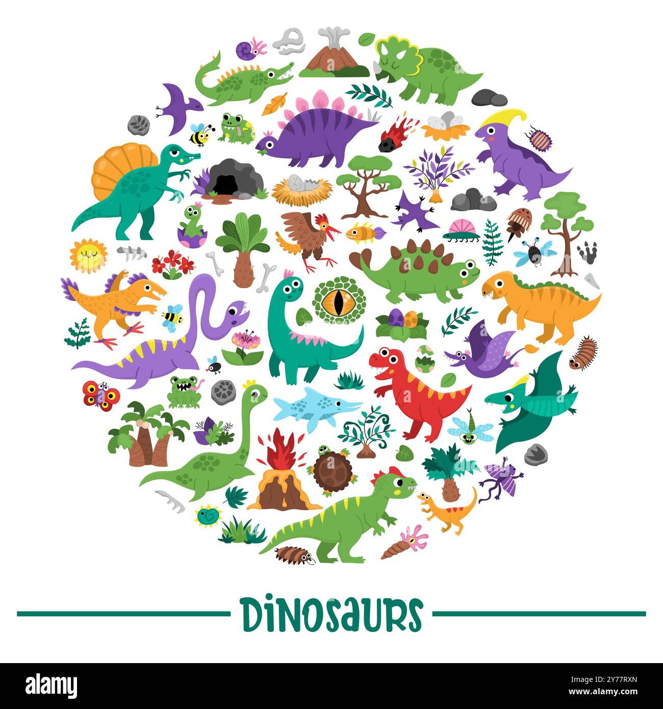 Vector dinosaur round frame with Pterodactyl, Stegosaurus ...