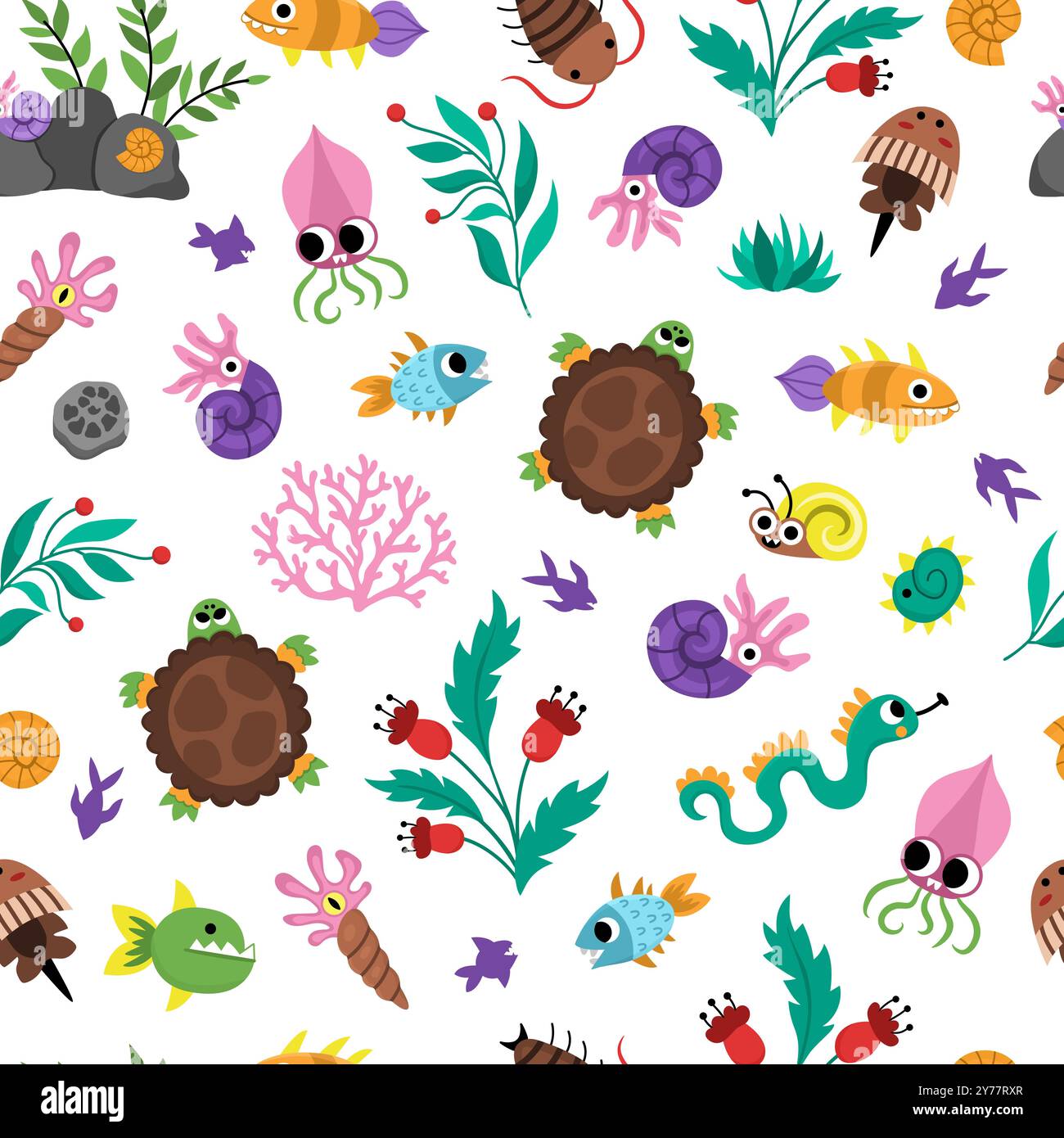 Vector ancient fish and marine creatures seamless pattern. Cute ...