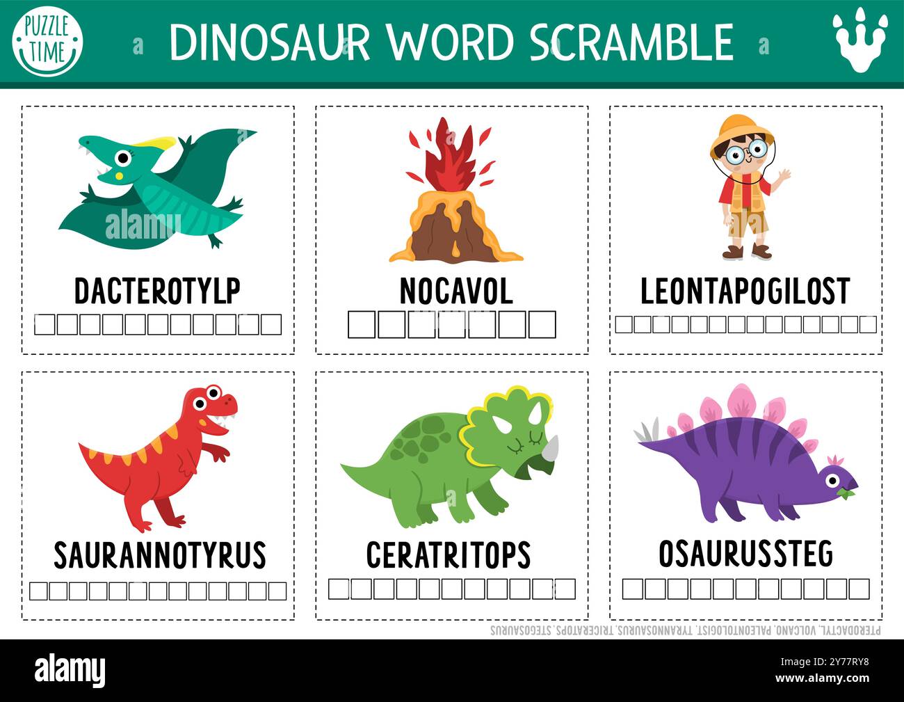 Vector dinosaur word scramble activity page. English language game with ...