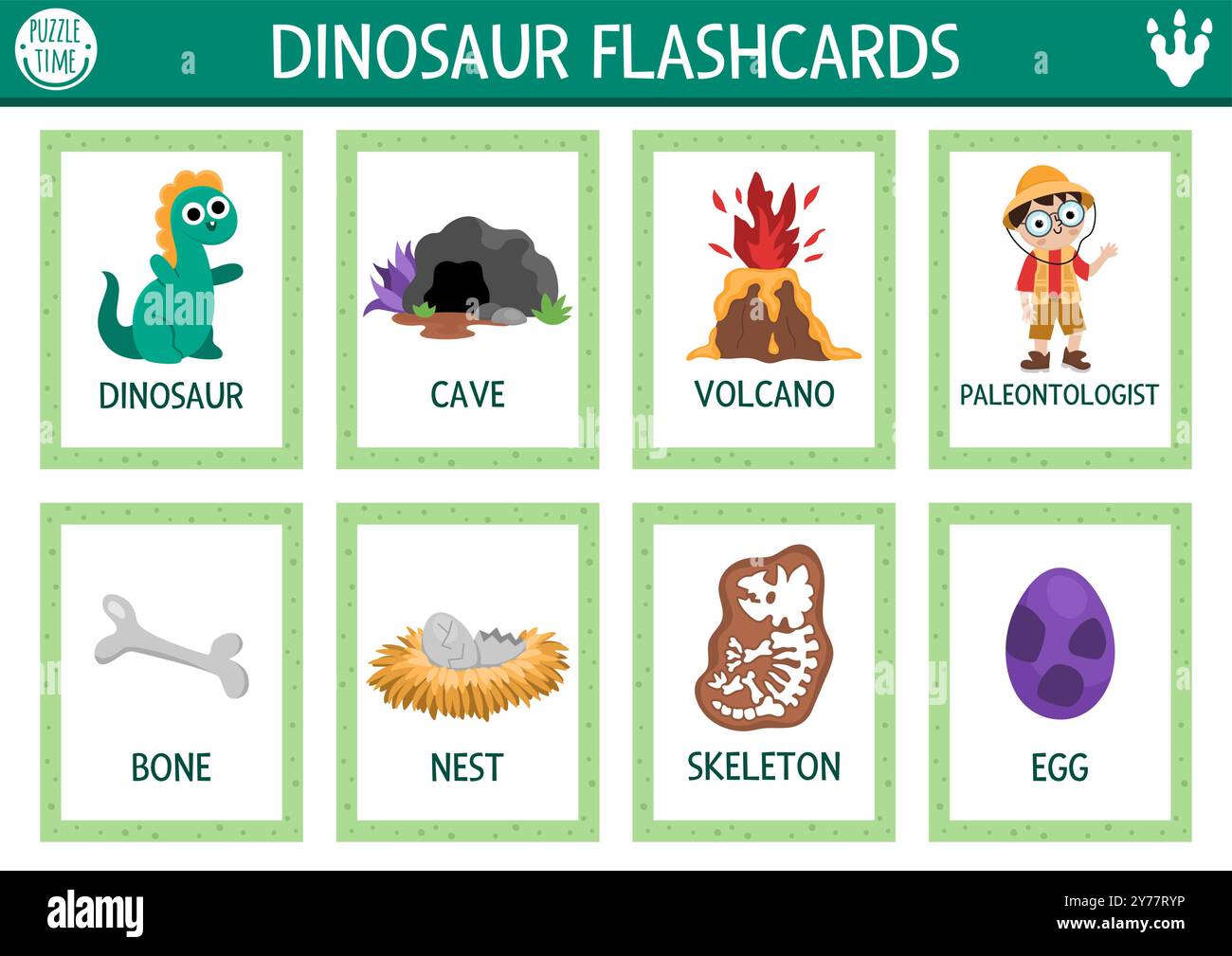 Vector dinosaur flash cards set with volcano, cave, nest, egg. English ...