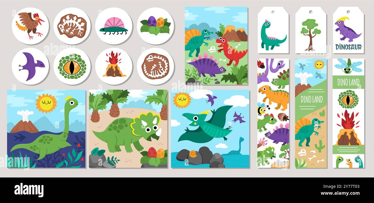 Cute dinosaur cards set with Pterodactyl, Stegosaurus, Tyrannosaurus ...