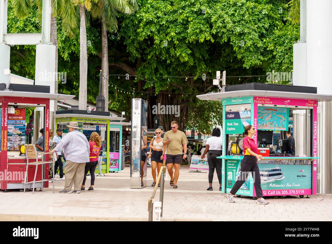 Miami, FL, USA - September 25, 2024: Tourist kiosks at Bayside ...