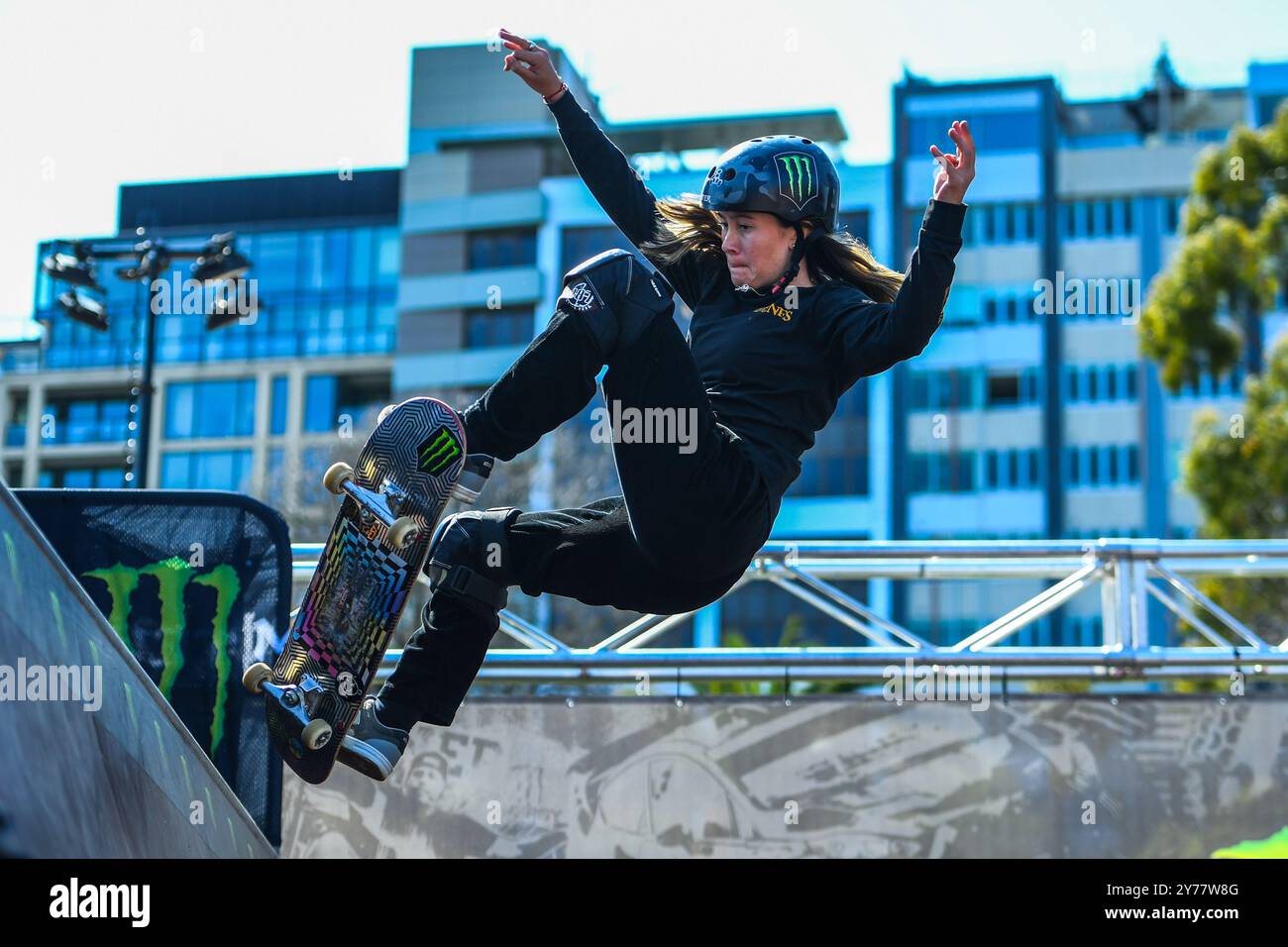 Australian Olympic skateboarder Haylie Powell is seen in action during the Monster Energy Rig ...