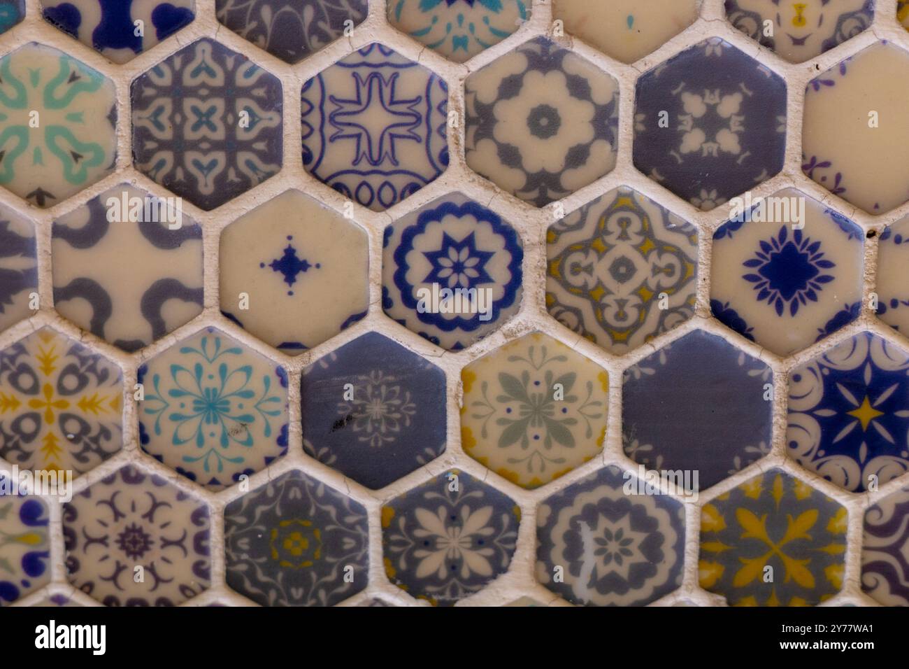 Intricate hexagonal tile patterns showcasing vibrant colors and designs in traditional ...
