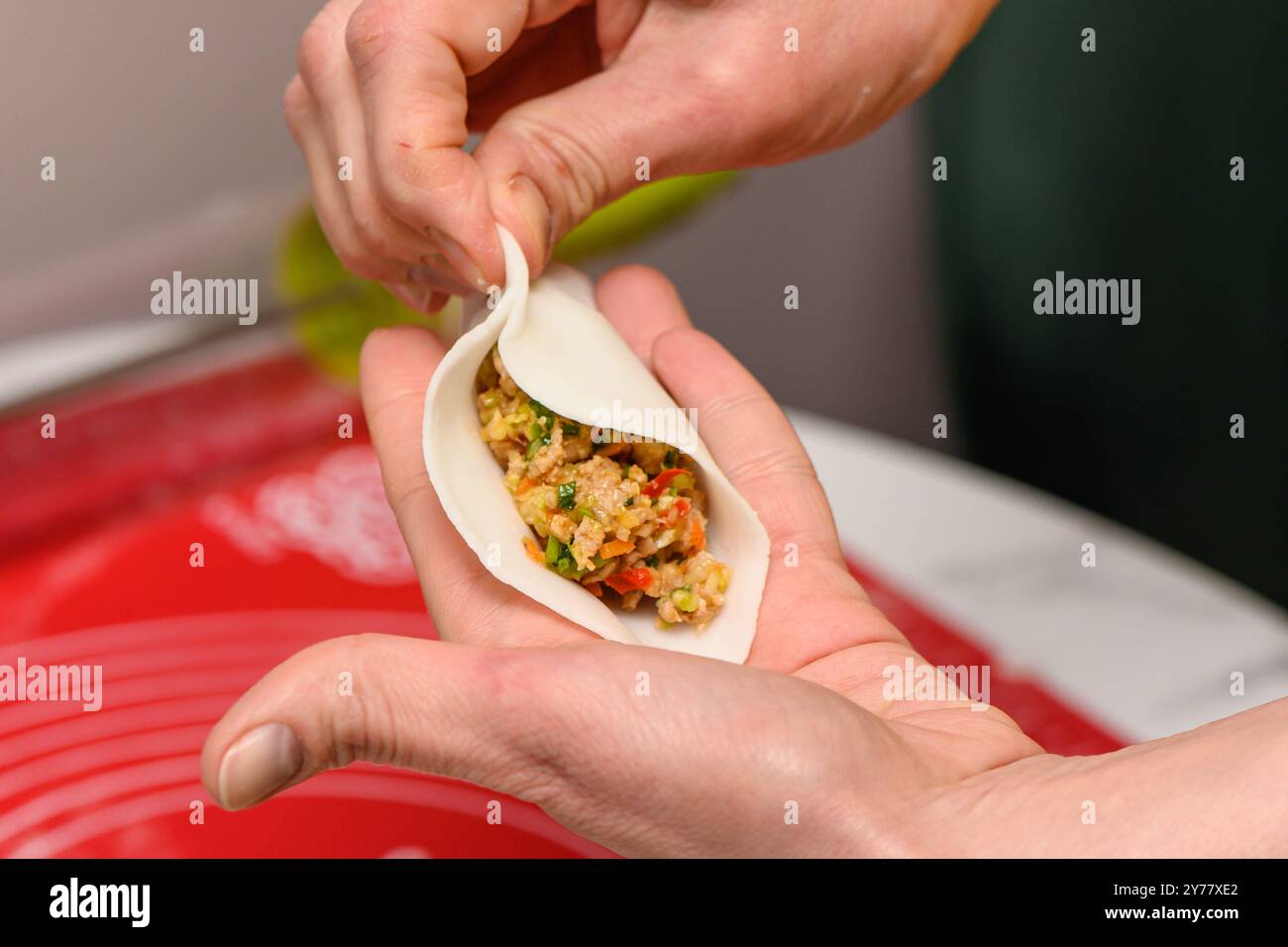 Hand molding. Dough with meat. Woman sculpt dumplings with her hands ...