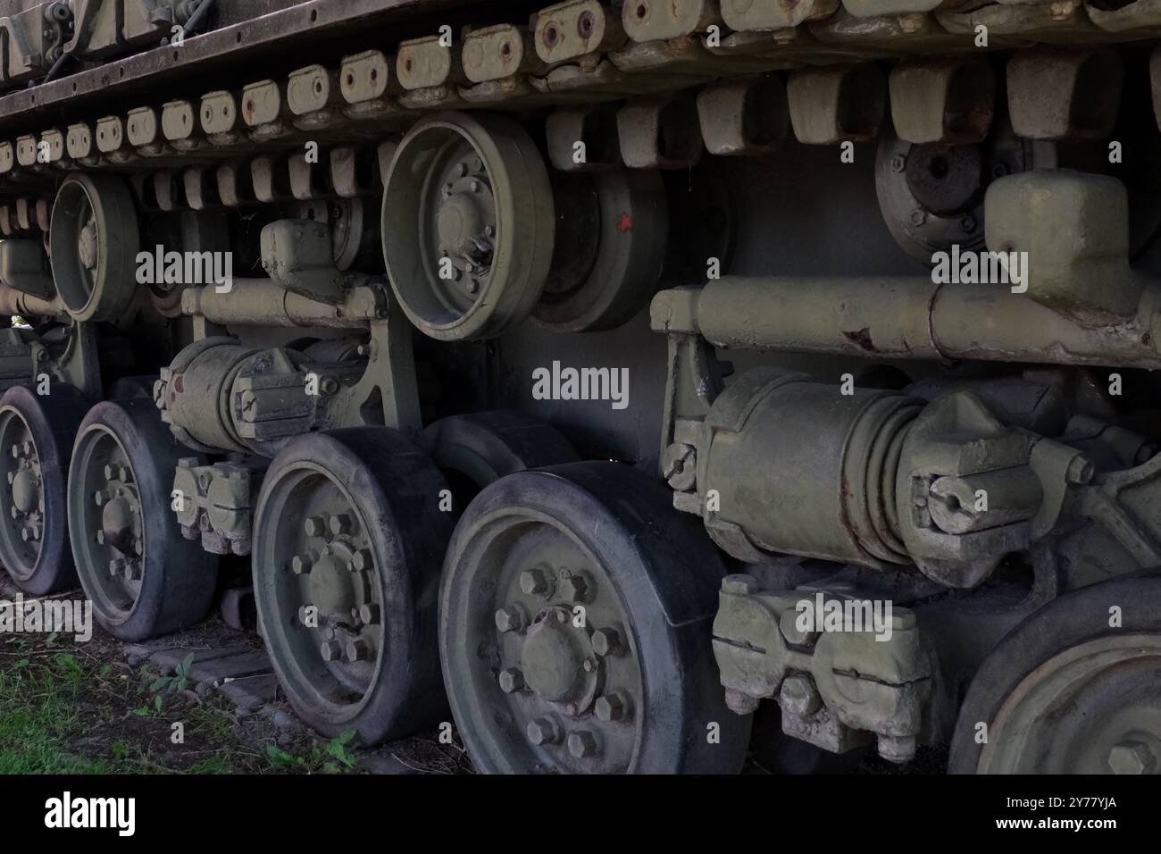 The iron caterpillar and wheels of a World War II American armoured ...