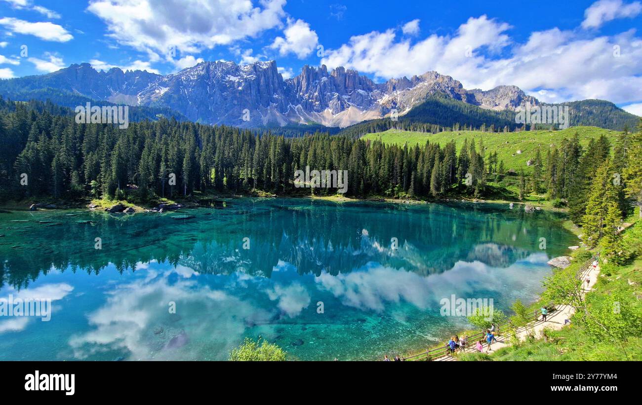 Italy Idyllic nature scenery- trasparent mountain lake Carezza ...