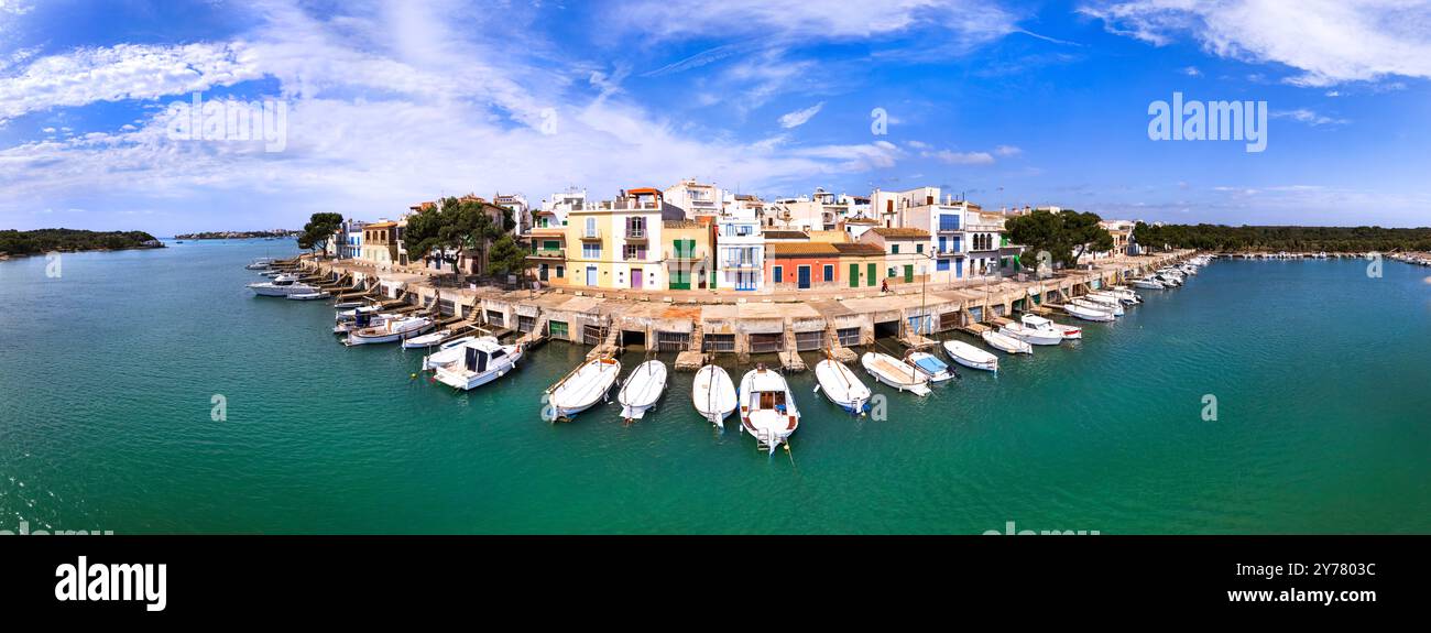 Mallorca island landmarks. Scenic fishing village Portocolom with ...