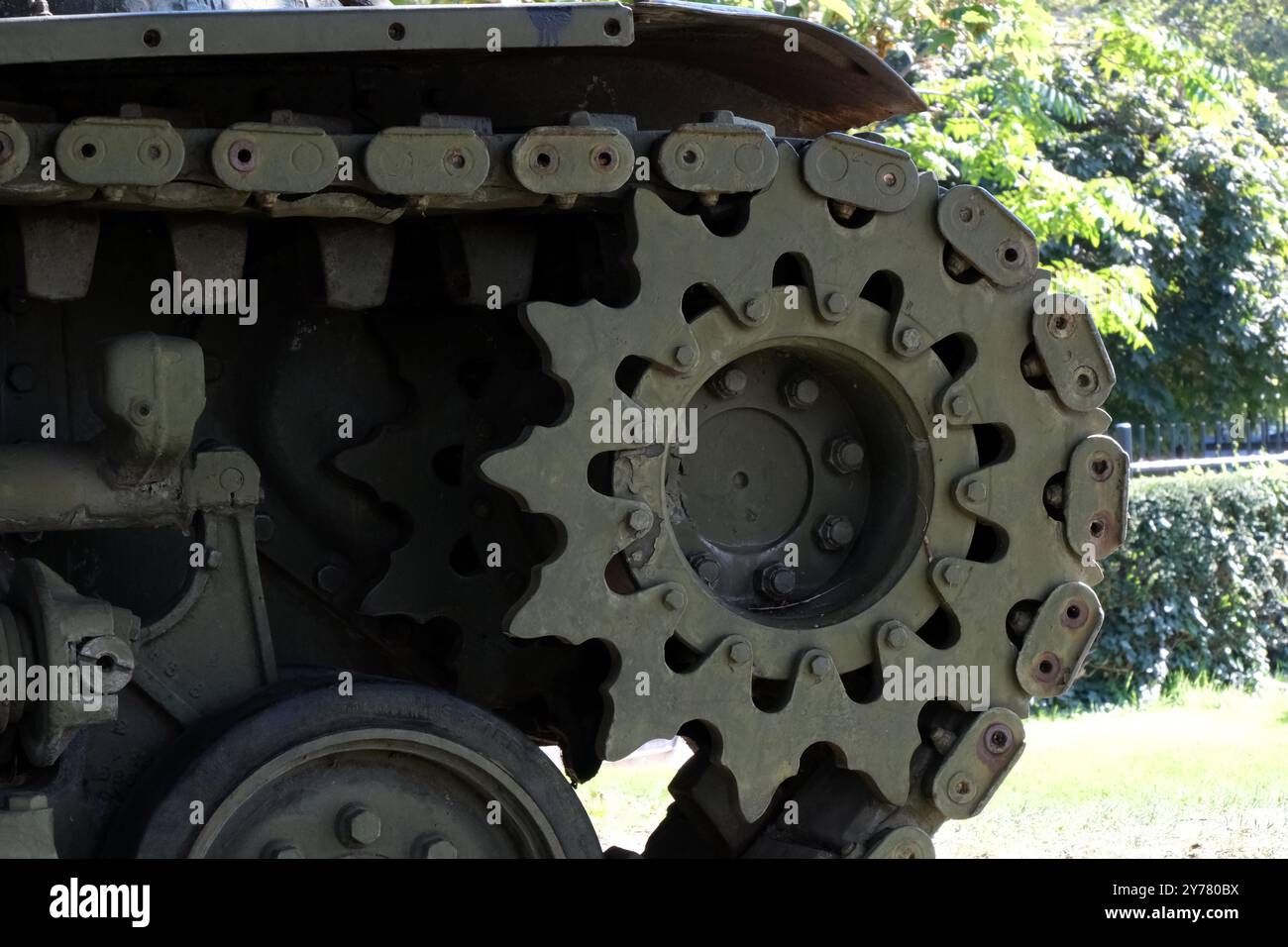 Main drive sprocket, iron caterpillar and other wheels of a World War ...