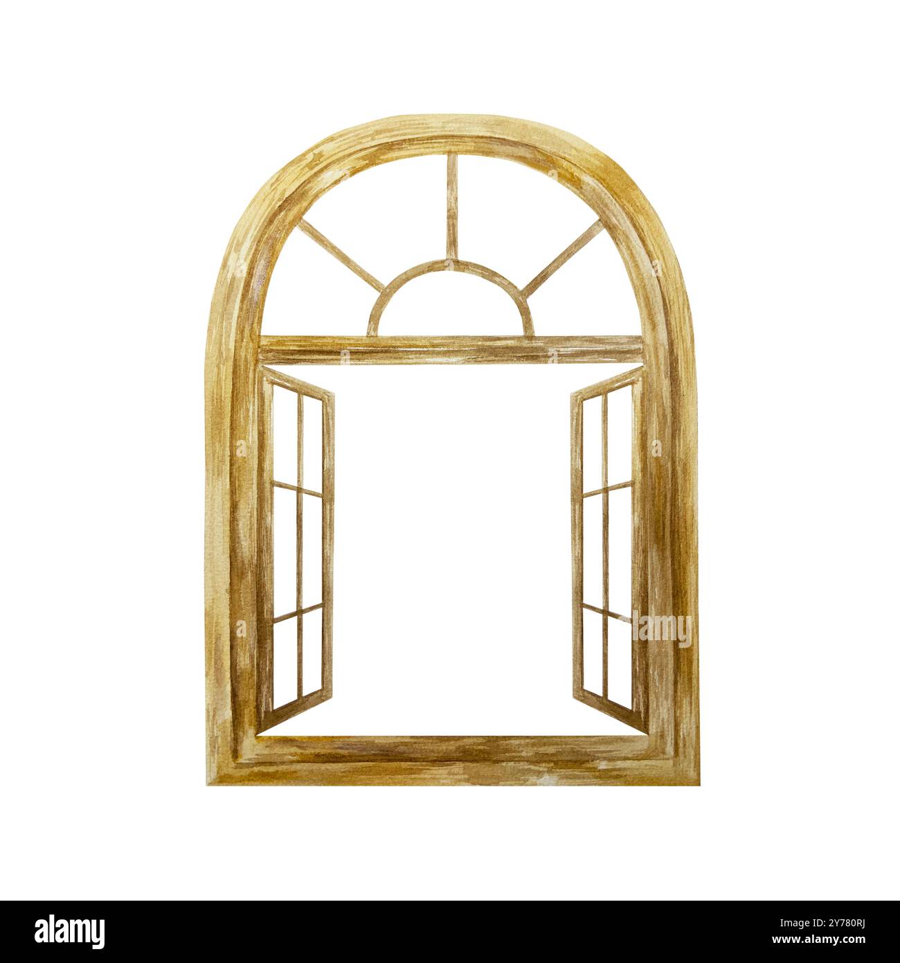 Wooden window frame with open shutters, vertical. Hand drawn watercolor ...