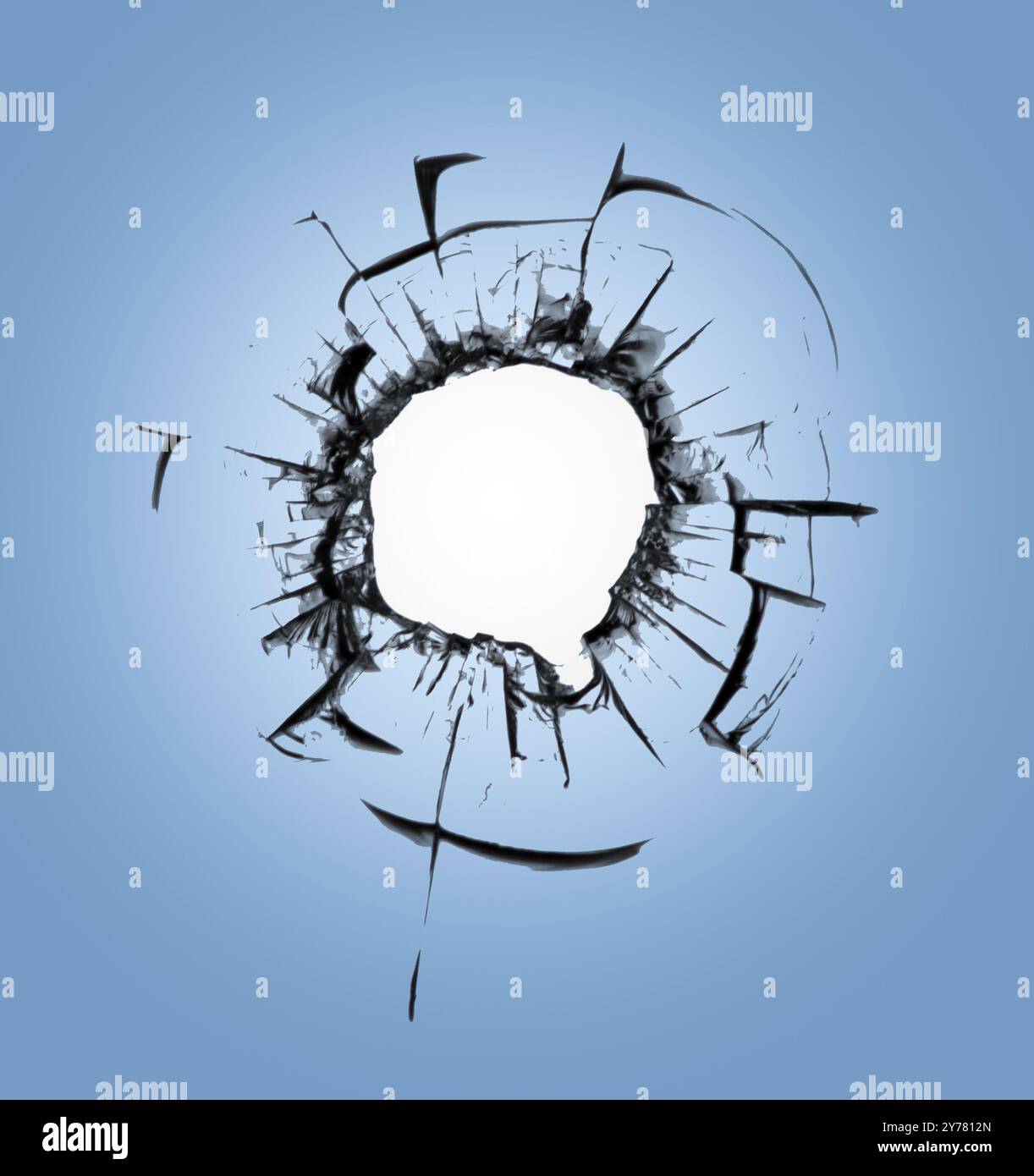 Bullet holes in the window against the blue sky. Consequences of ...