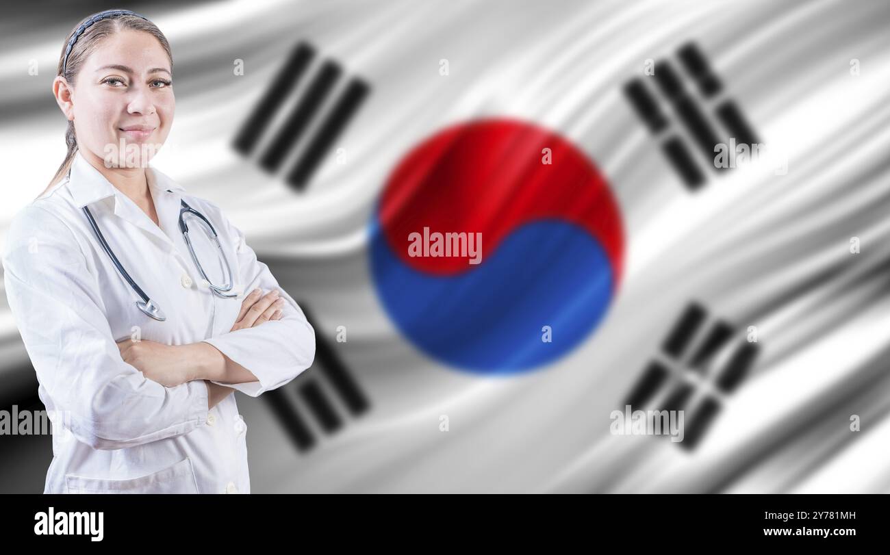 Doctor with crossed arms on South Korean flag. Doctor with stethoscope ...