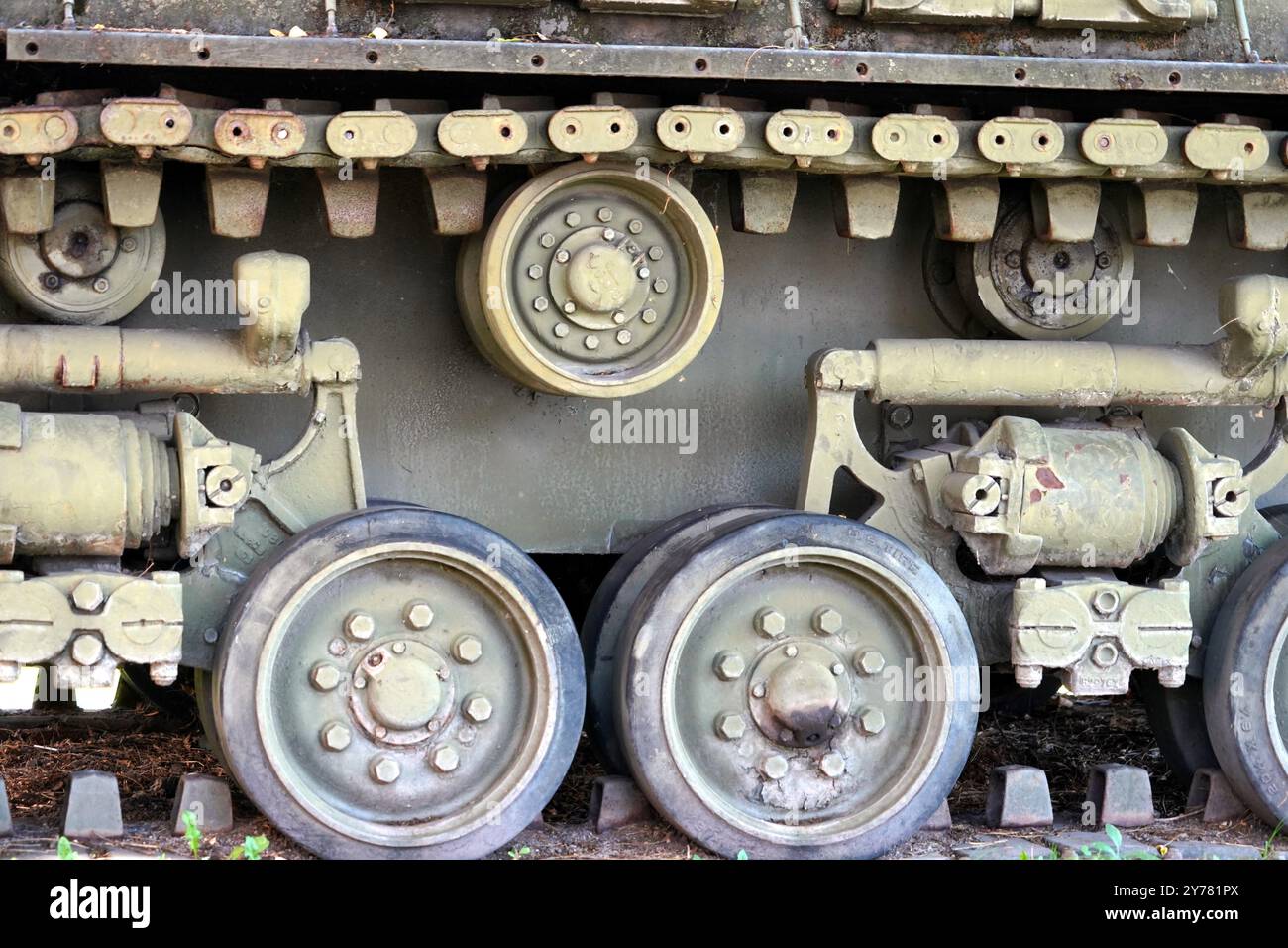 The iron caterpillar and wheels of a World War II American armoured ...