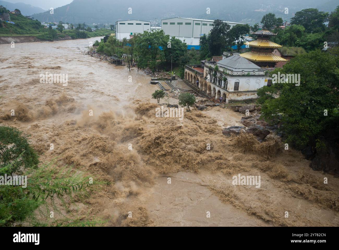 Kathmandu, Nepal. 28th Sep, 2024. A view of the swollen Bagmati river ...