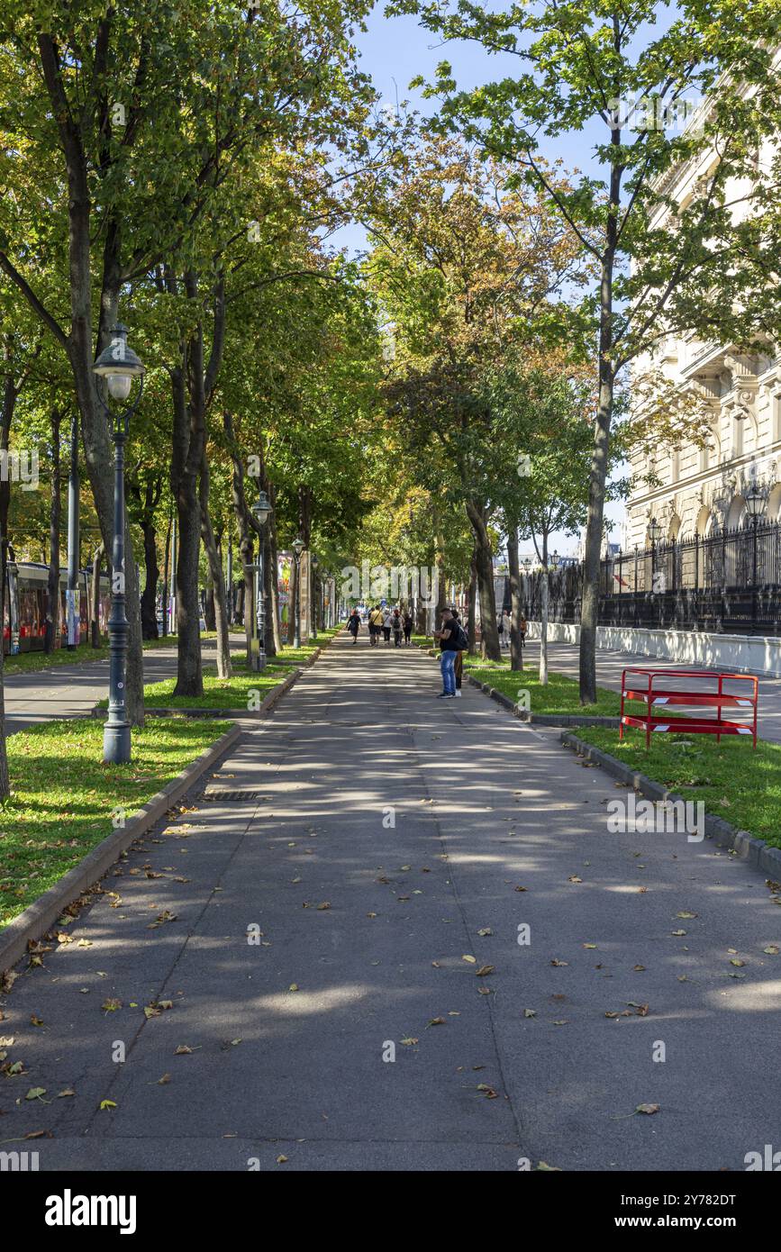 A tree-lined avenue in Vienna, with pedestrians and autumn-coloured ...