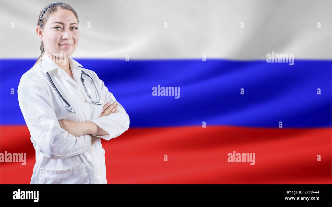 Doctor with crossed arms on flag of Russian Federation. Doctor with ...