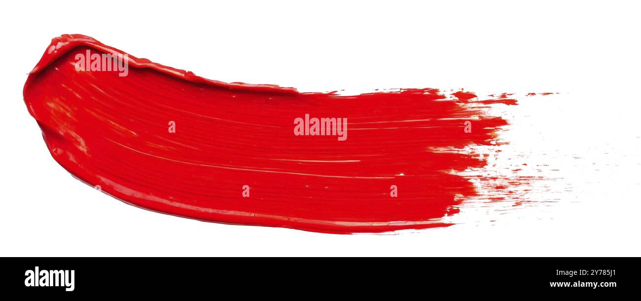 Red paint brush stroke isolated on white background, smudged makeup ...