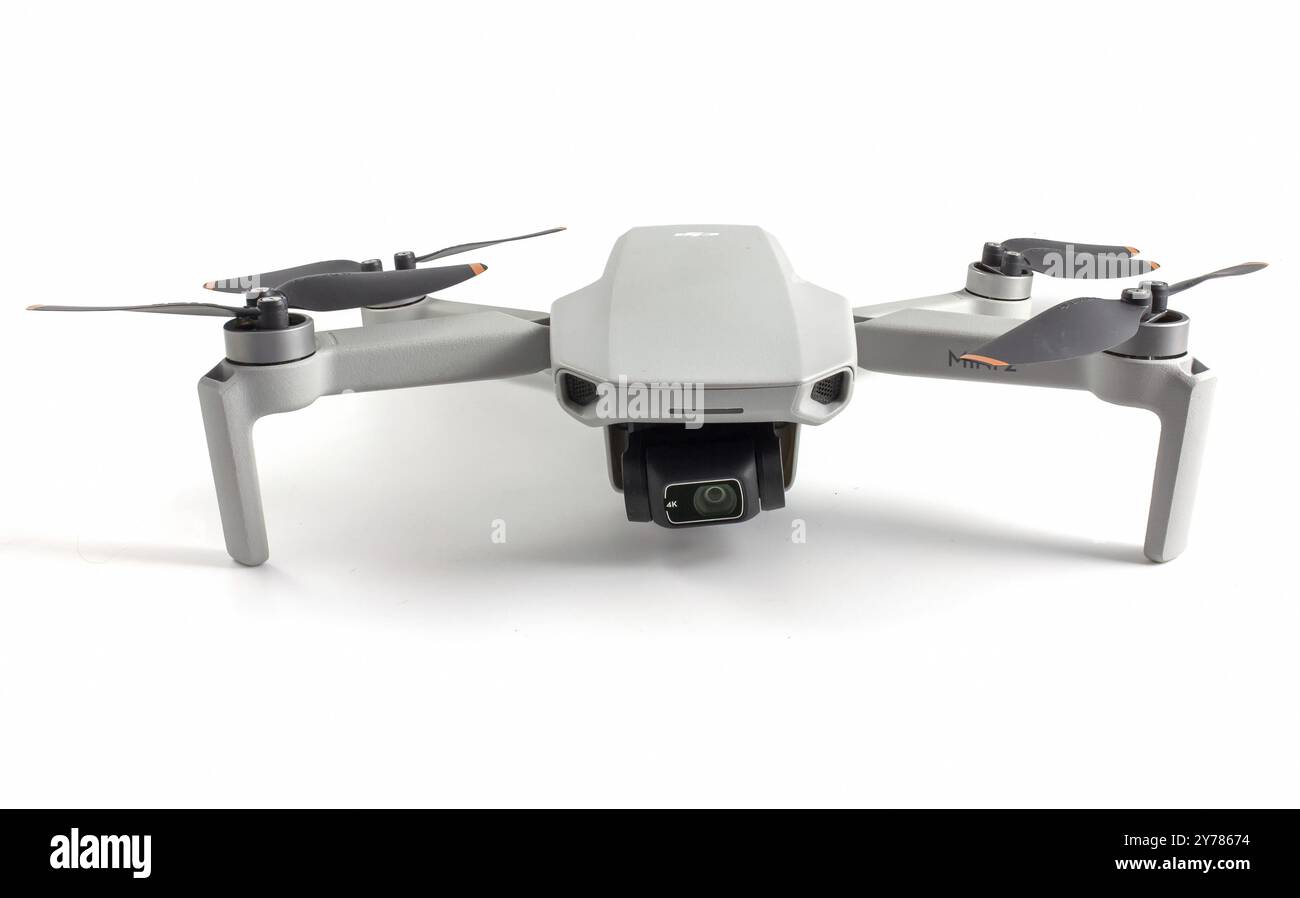 DJI Mini 2 drone isolated on white background. Vinnytsia, Ukraine, 03. ...