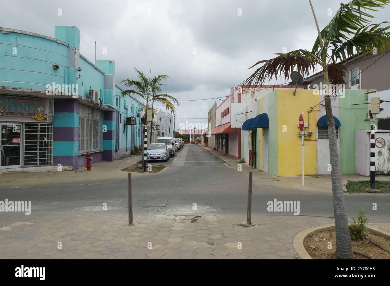 Downtown district with colorful buildings in colonial style in narrow ...