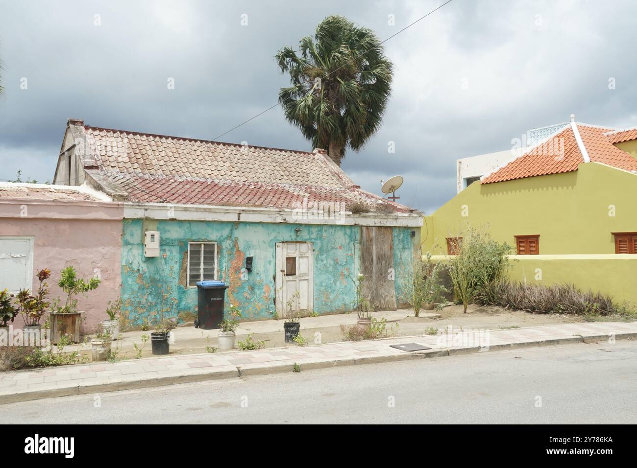 Suburb near downtown district with colorful old buildings in colonial ...