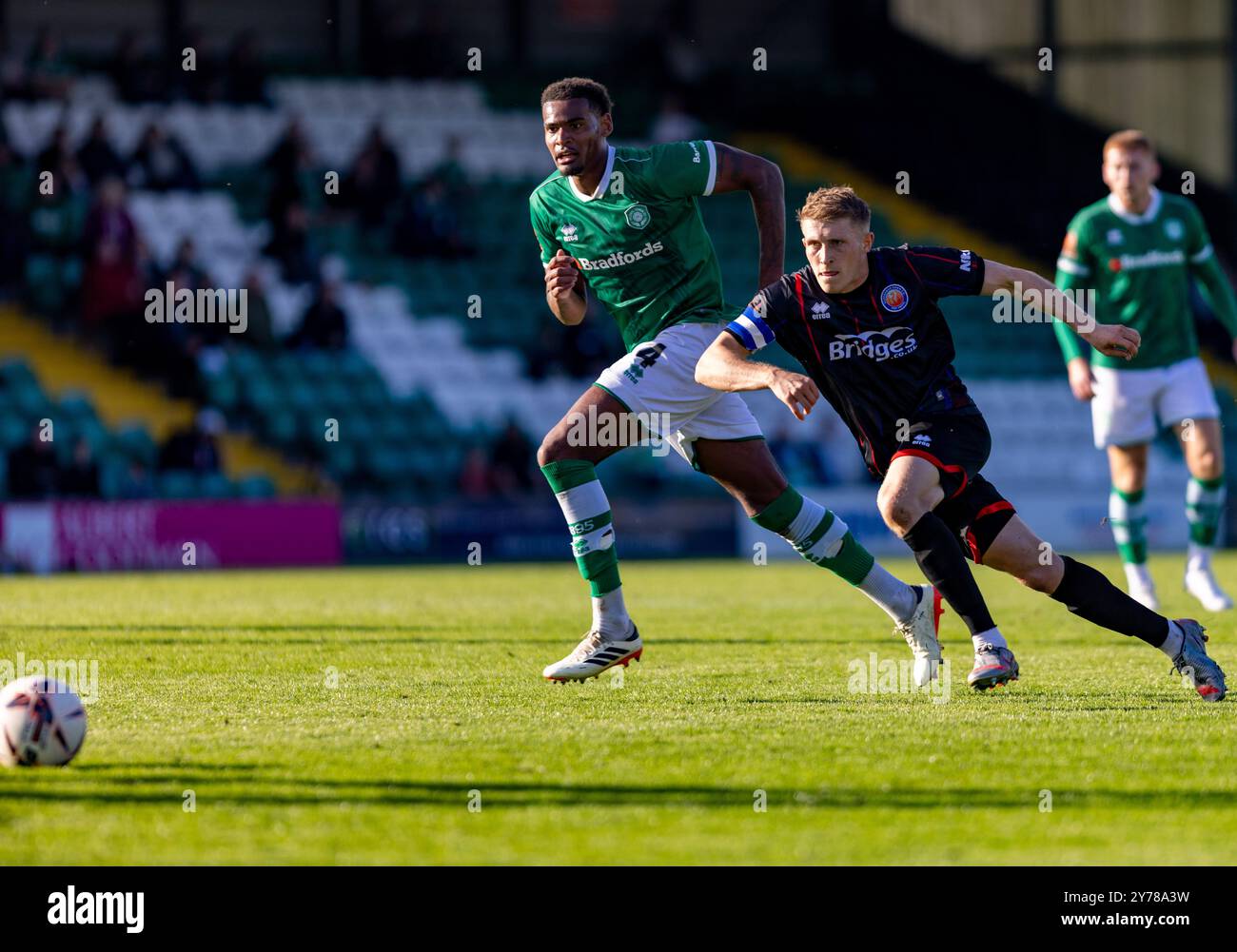Morgan Williams of Yeovil Town and Cameron Hargreaves of Aldershot Town ...