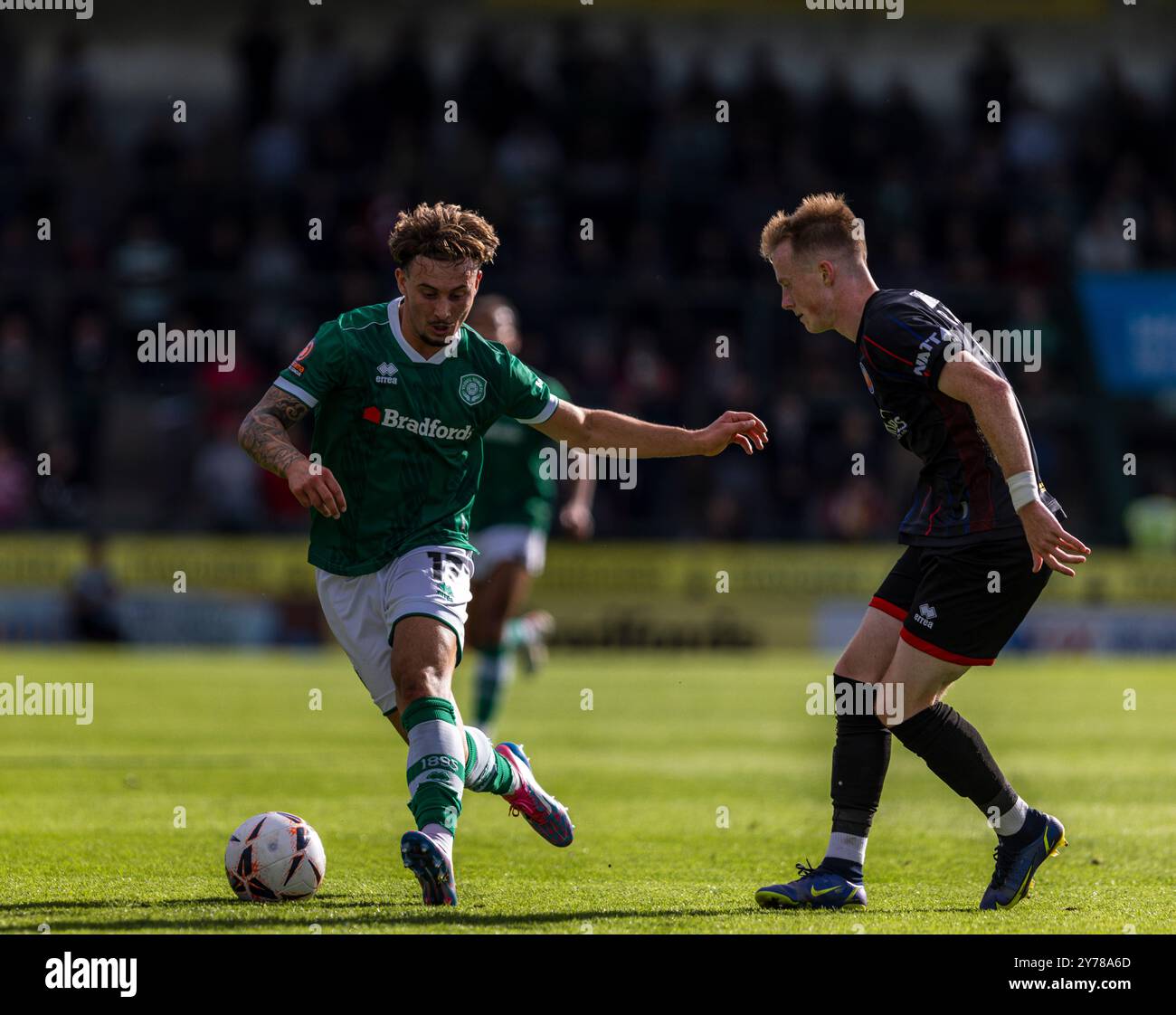 Dylan Morgan of Yeovil Town and Ryan Jones of Aldershot Town during the ...