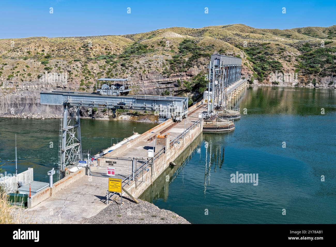 The top of the Morony Dam and the surrounding hillsides in Great Falls ...