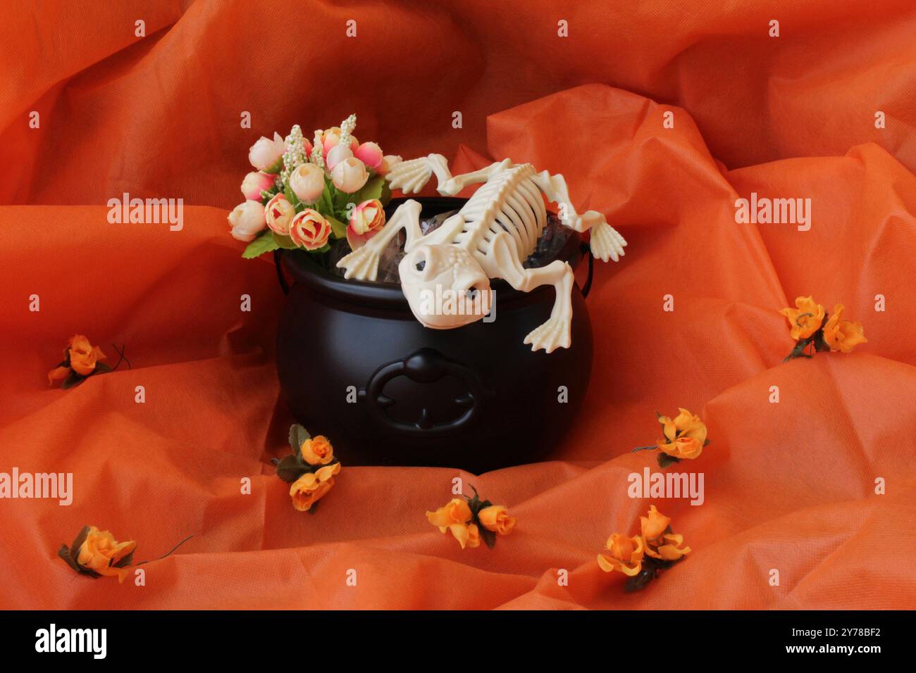 Halloween dead frog skeleton with orange color flowers on top of a ...