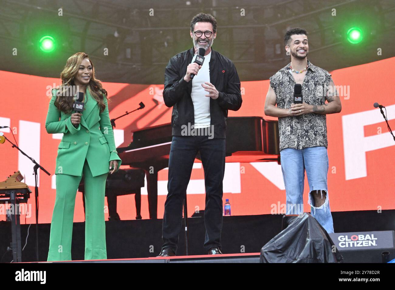 Nomzamo Mbatha, from left, Hugh Jackman, and Jordan Fisher speak during ...