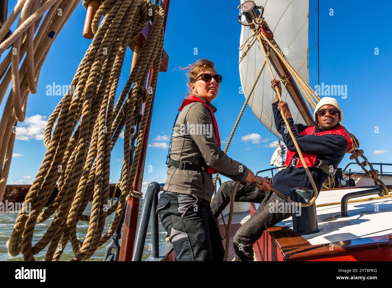 Crew members of the Weisse Düne: Trainee bargeman Christopher and ...