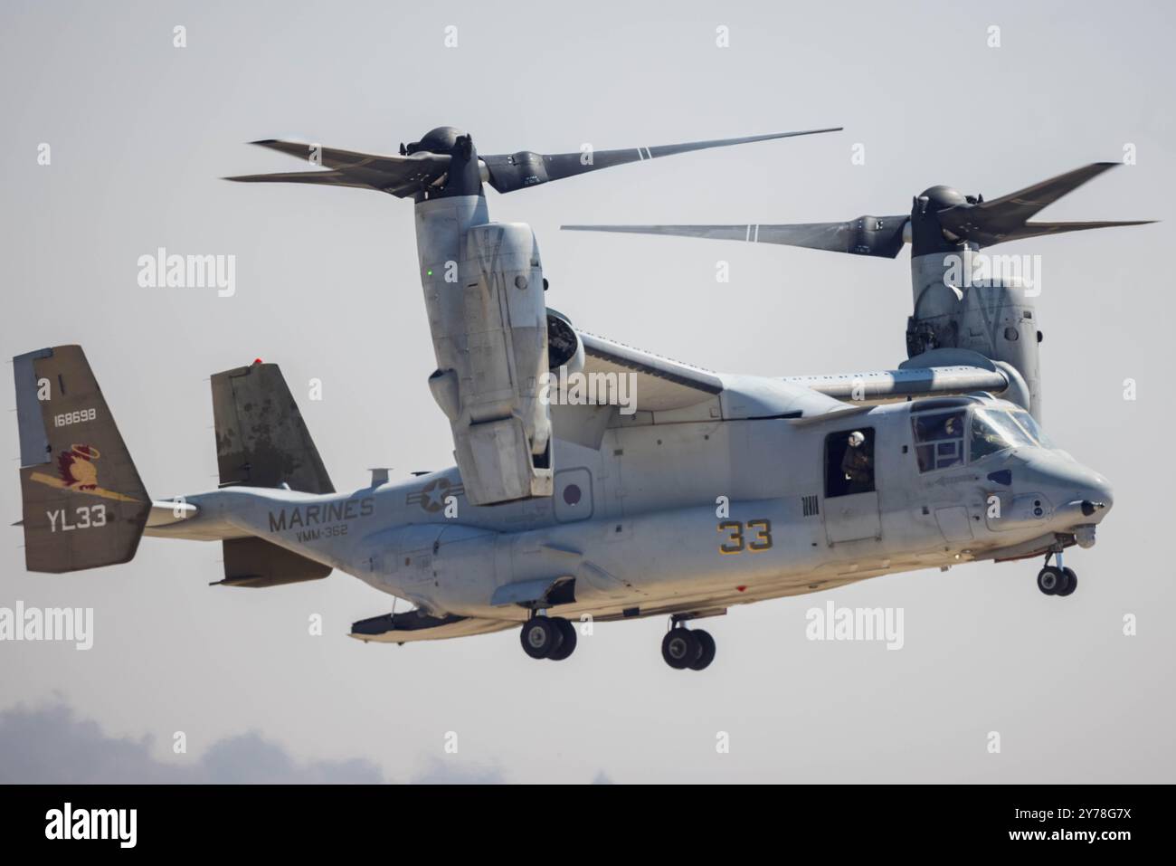 A U.S. Marine Corps MV-22B Osprey assigned to Marine Medium Tiltrotor Squadron (VMM) 362, Marine ...