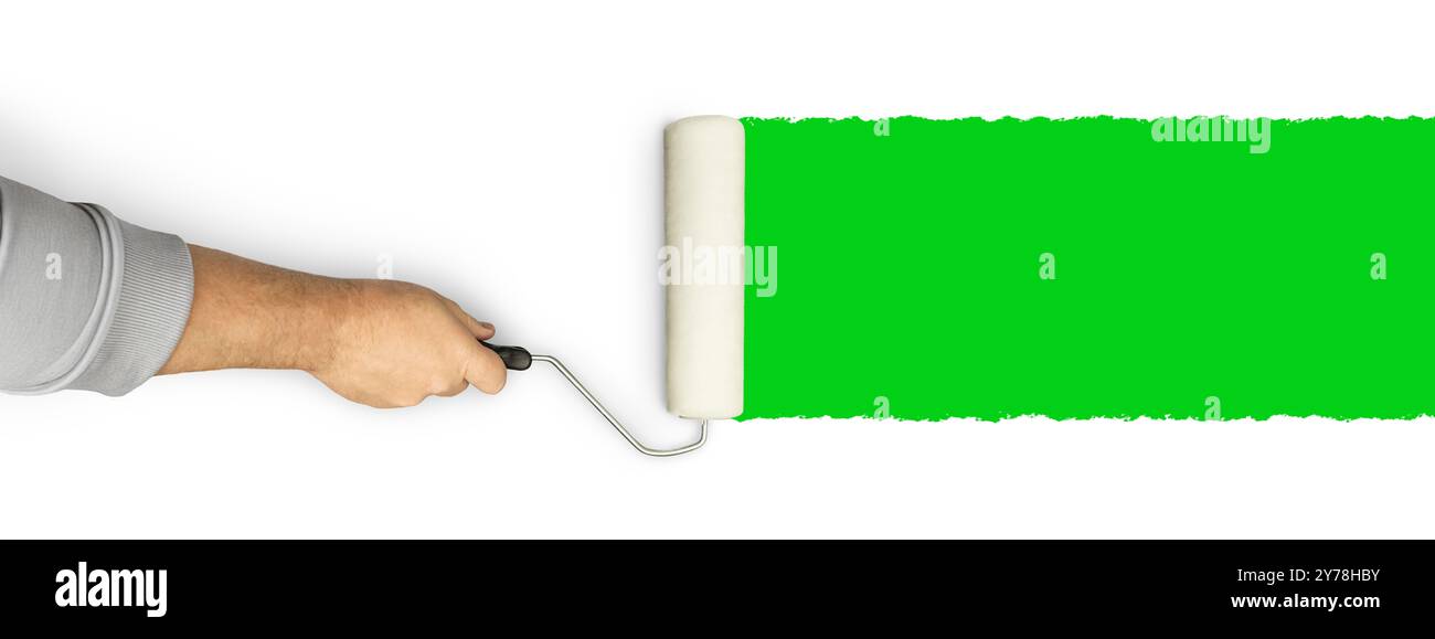 Male Hand Rolling Paint Roller Over Green Screen Background Stock Photo ...