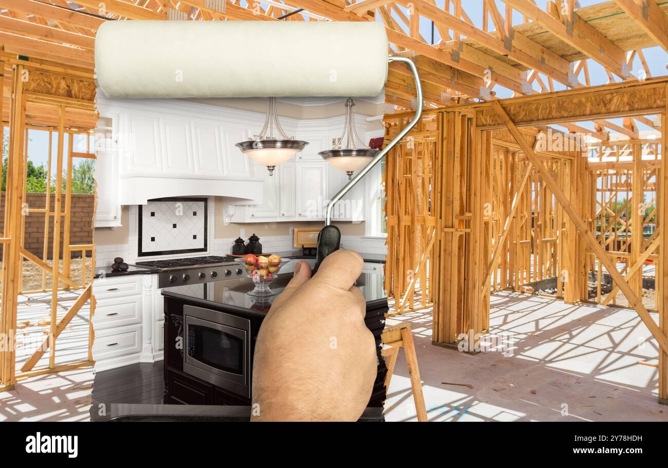 Before and After of Man Painting Roller Over Construction Framing to ...