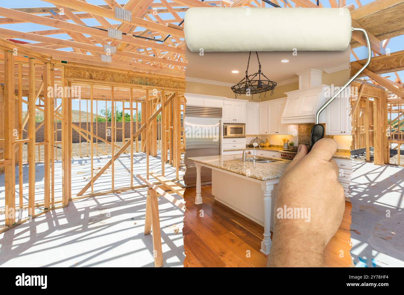 Before and After of Man Painting Roller Over Construction Framing to Reveal Completed and New ...