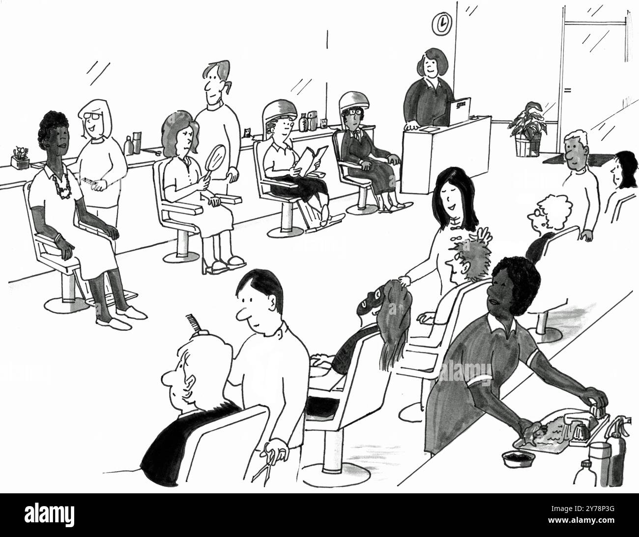 A variety of people getting hair and beauty treatments at a busy salon ...