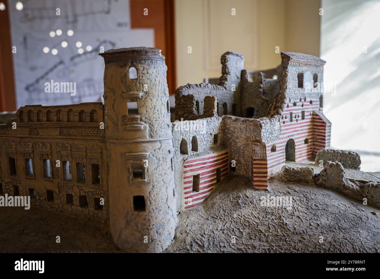 Close up view of a detailed scale model of an ancient stone fortress ...