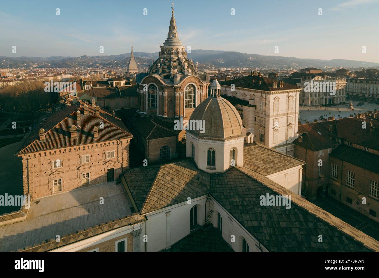 Turin landscape with the Holy shroud Chapel and the Mole Antonelliana ...