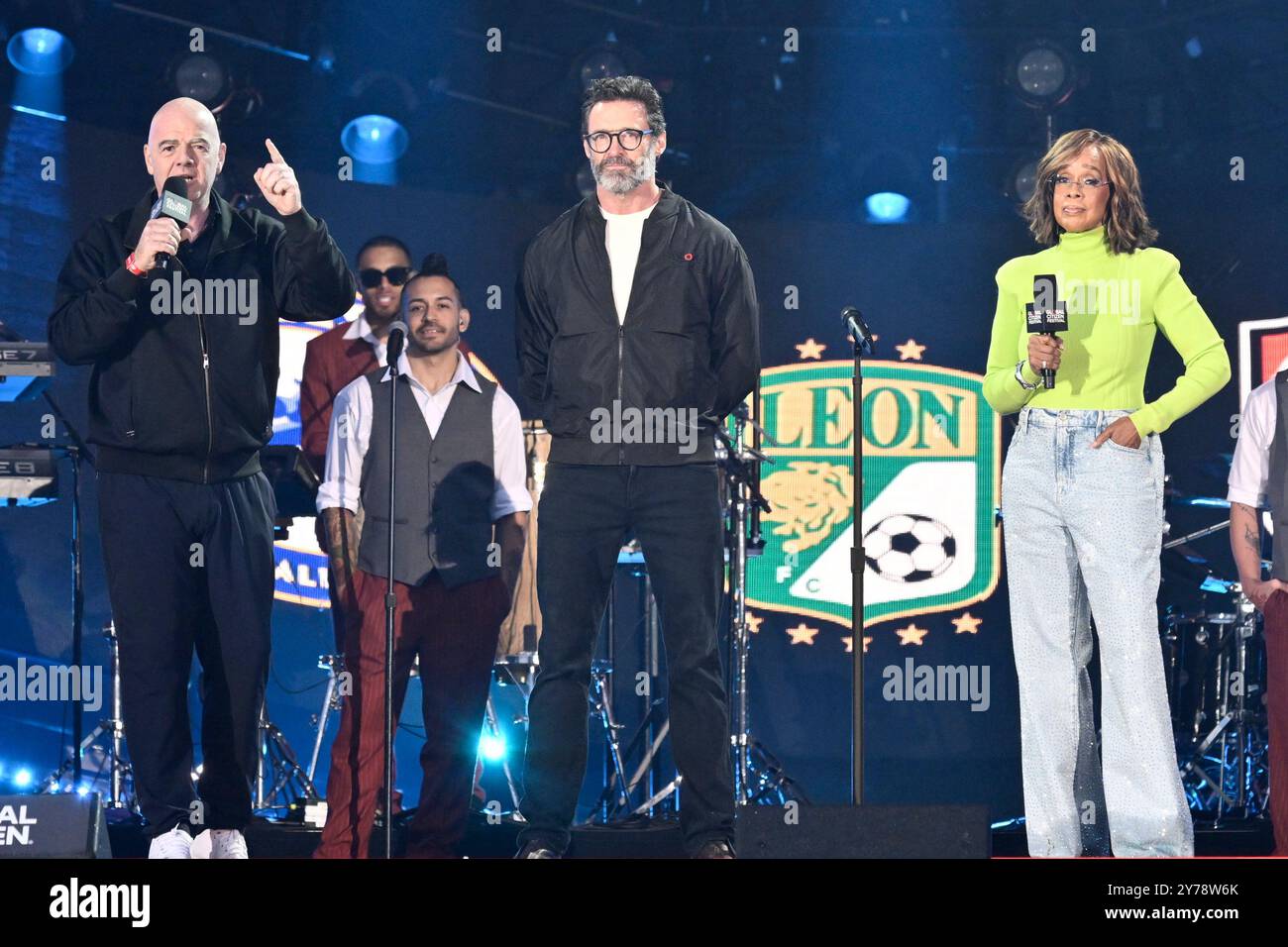 Gianni Infantino, from left, Hugh Jackman, and Gayle King speak during ...