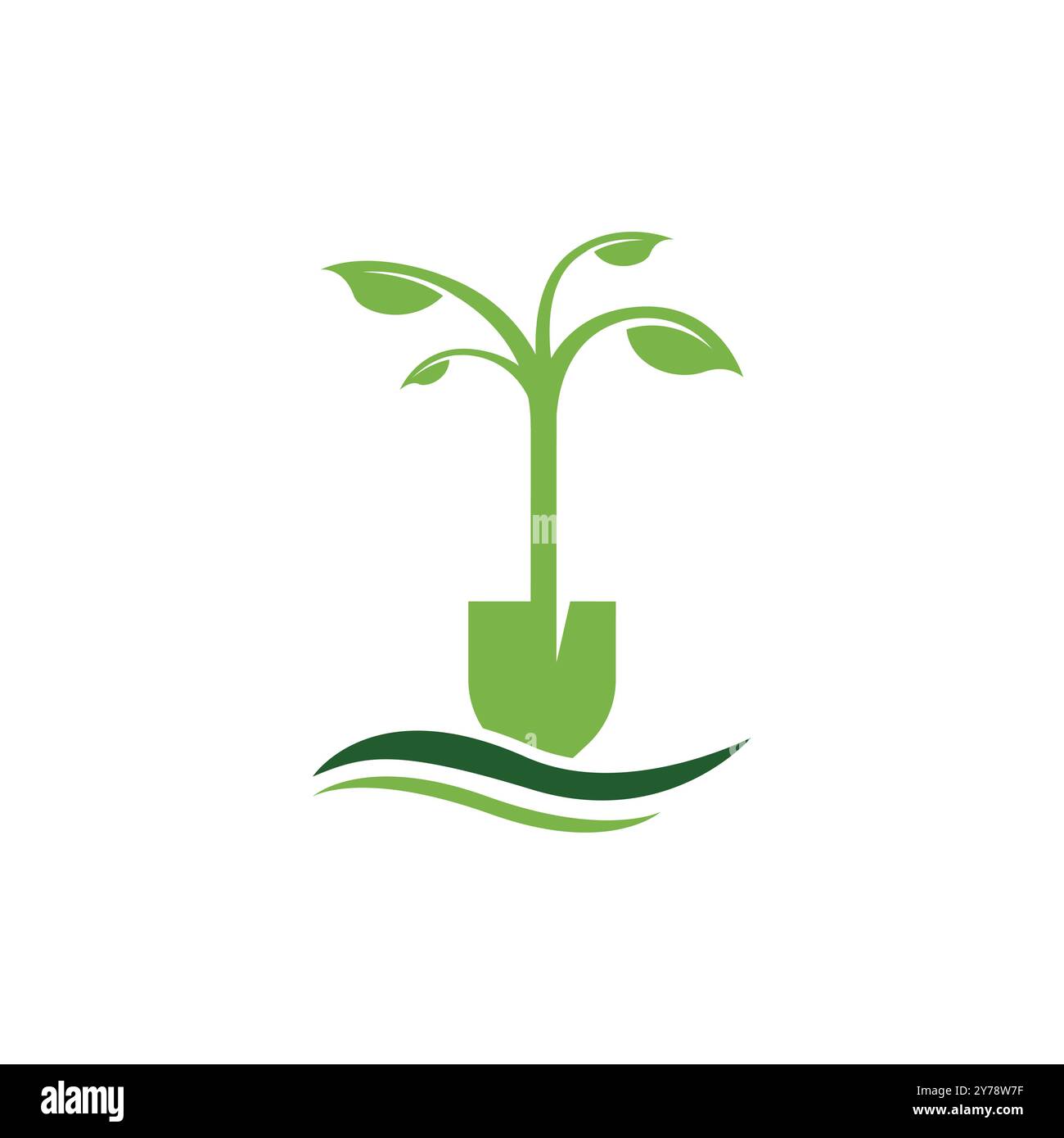 Landscape logo vector tree leaves and shovel. Concept tree shovel logo ...