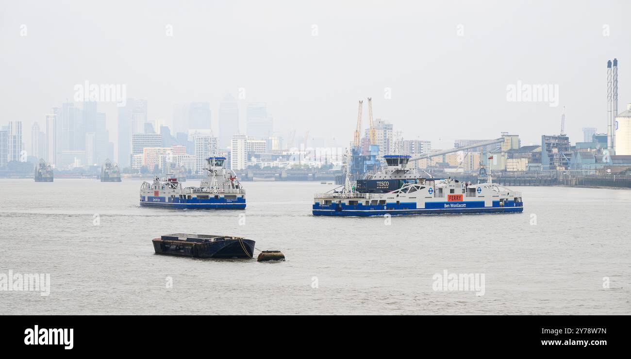 London, UK - September 19, 2024; Two car ferry boats of Woolwich Ferry ...