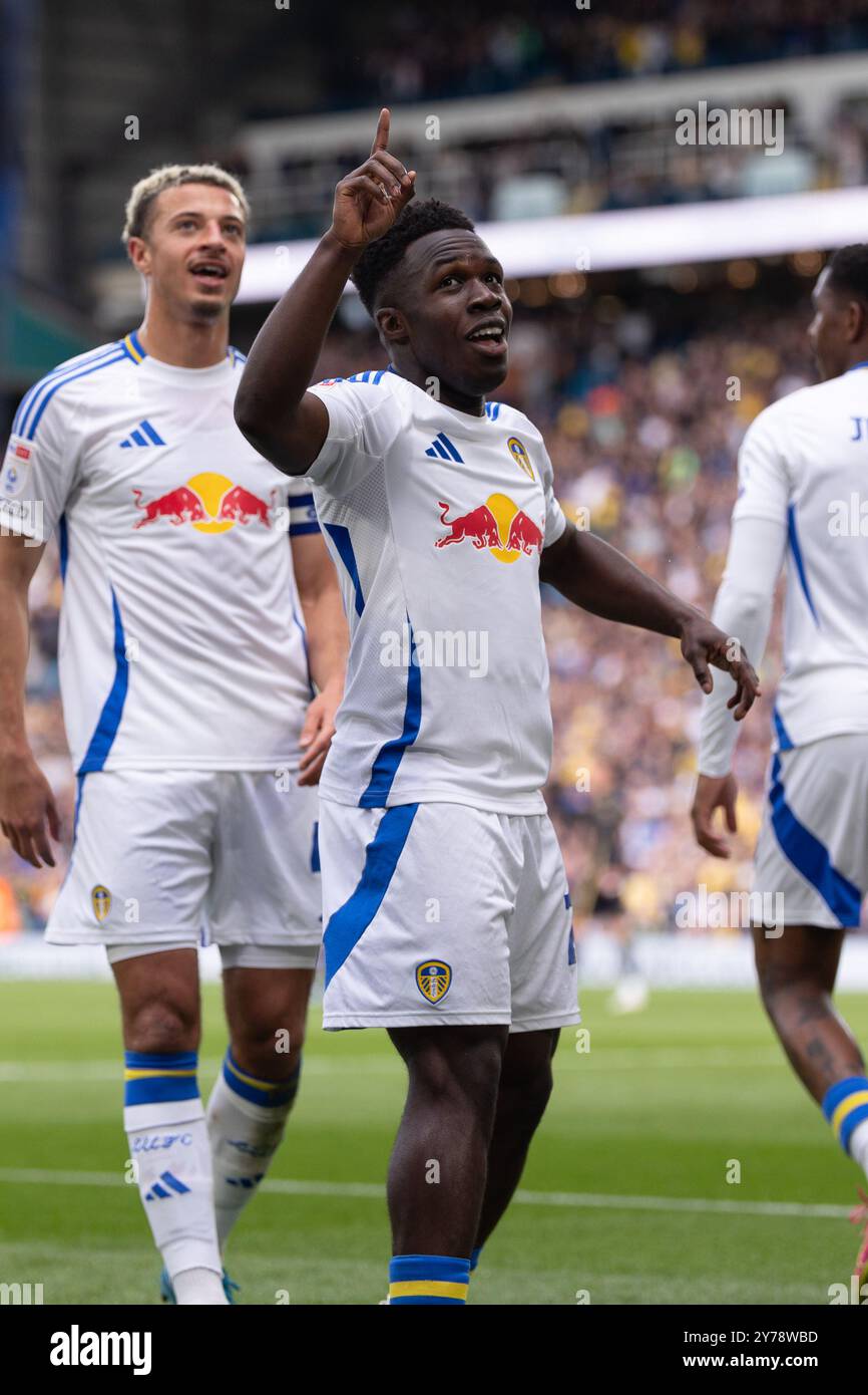 Willy Gnonto (Leeds United) scores his team's first goal during the Sky ...