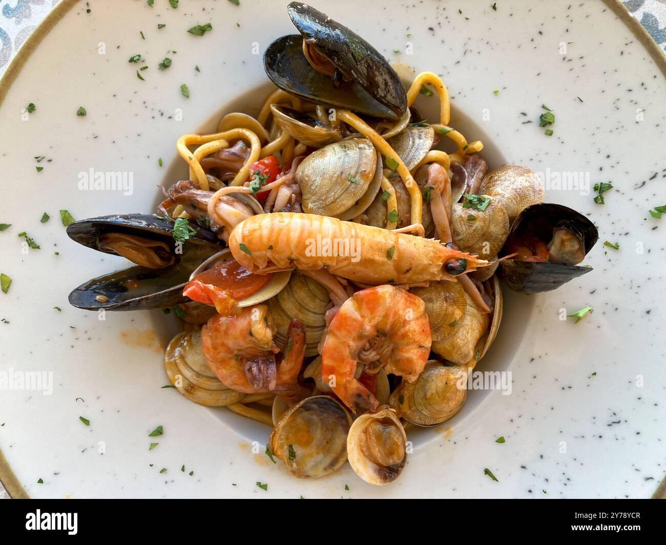 Pasta allo Scoglio is a traditional Italian seafood pasta dish Stock ...