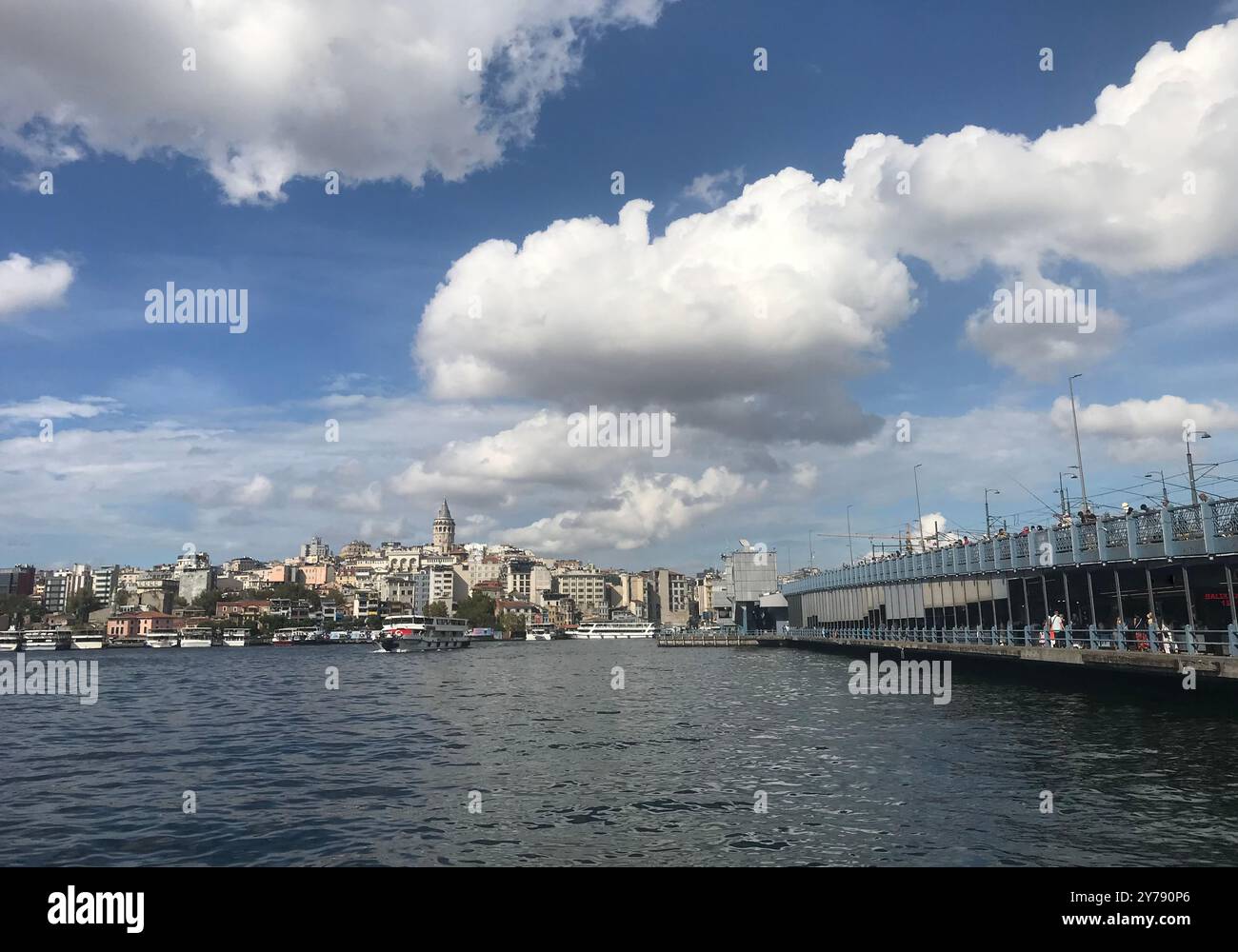 Beautiful coastline Karakoy, Galata Bridge and behind Galata Tower in ...