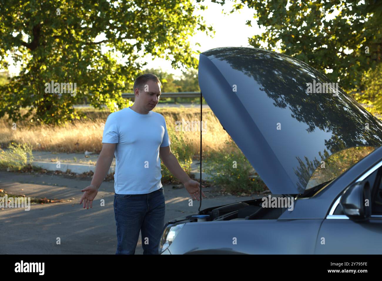 Stressed man looking under hood of broken car outdoors Stock Photo - Alamy