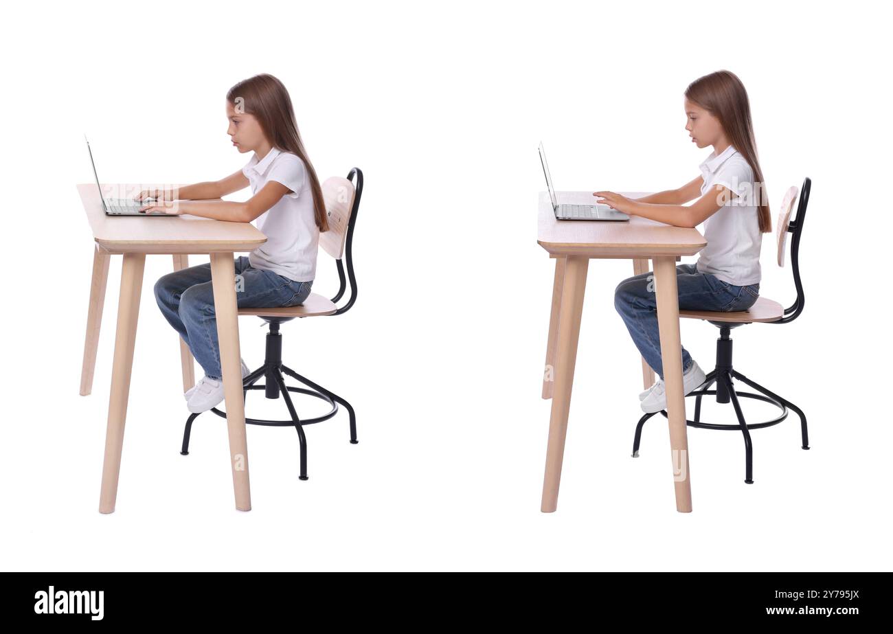 Good and bad posture, collage. Girl using laptop at wooden desk on ...