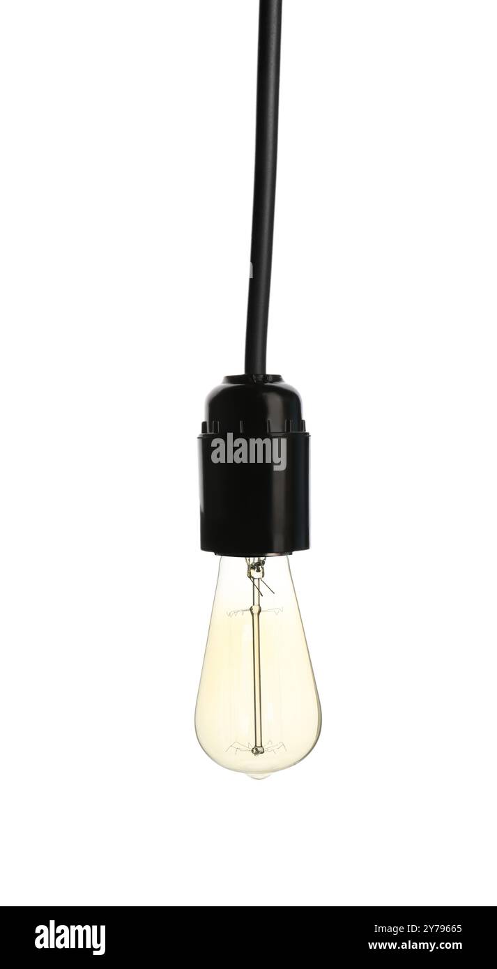 One light bulb hanging on white background Stock Photo - Alamy